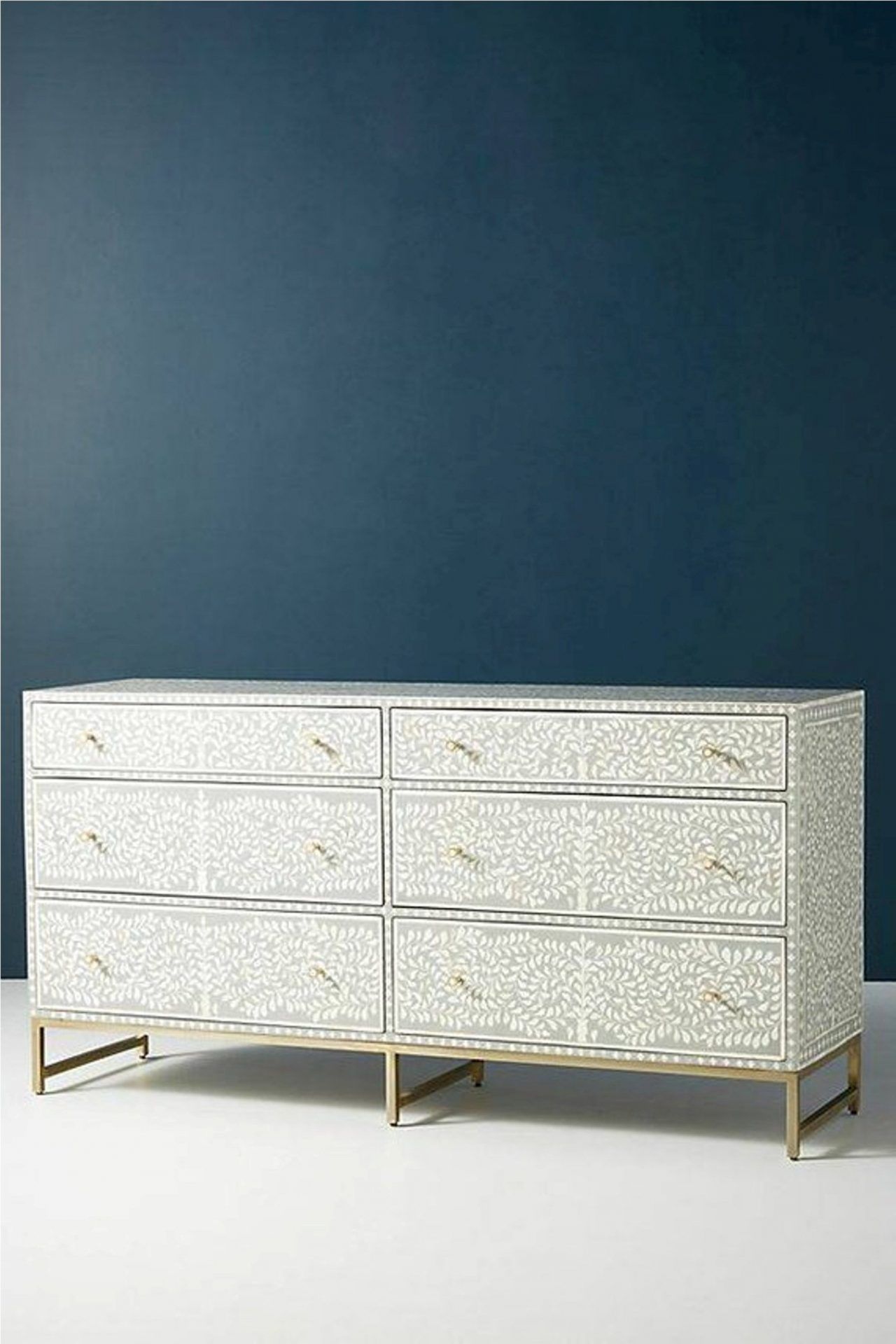 Bone Inlay Chest of 6 Drawers Floral Design in Grey Color - CraftShades