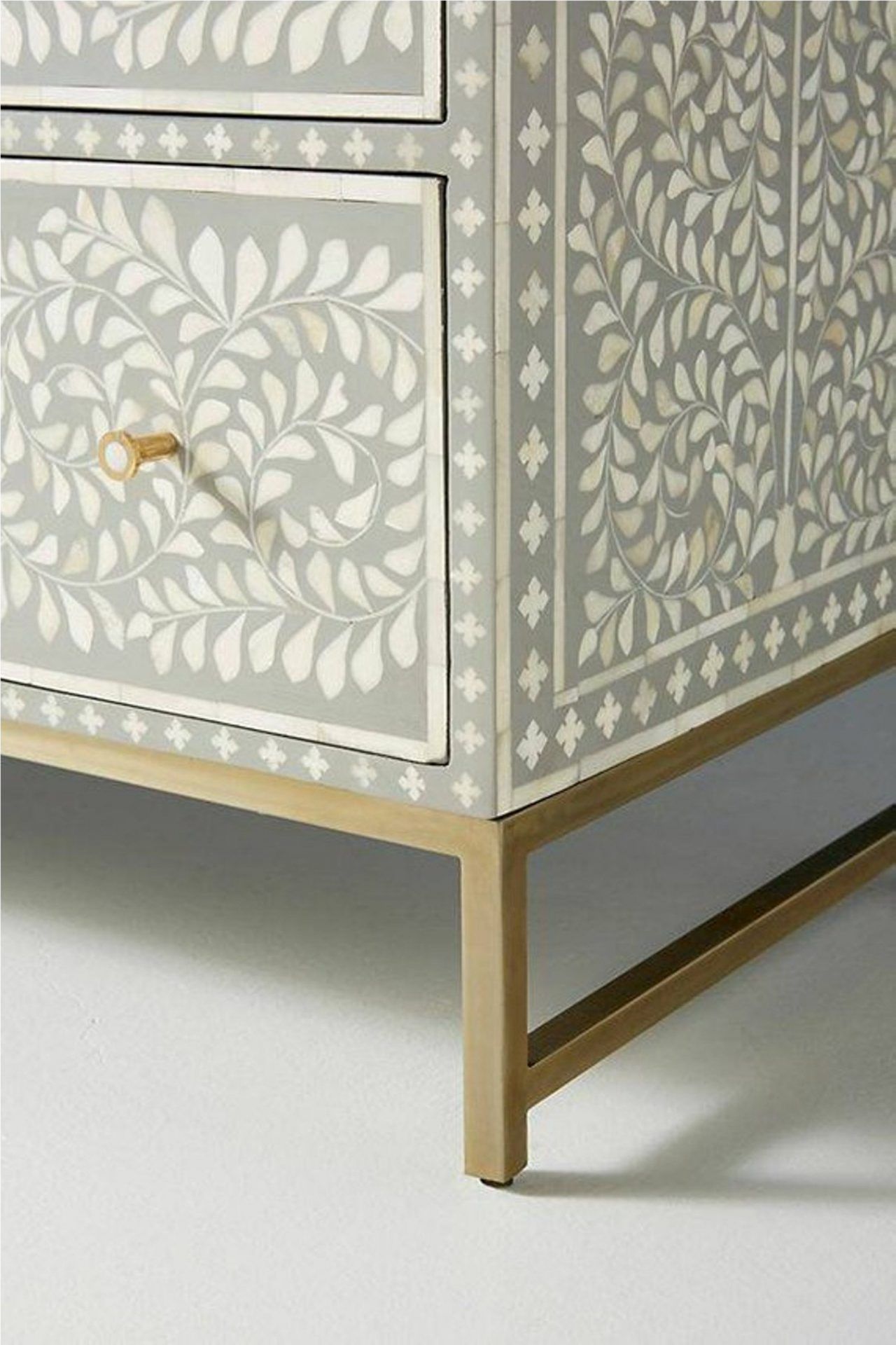 Bone Inlay Chest of 6 Drawers Floral Design in Grey Color - CraftShades