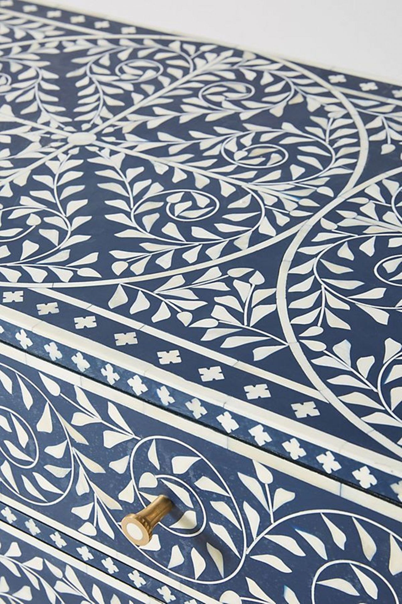 Bone Inlay Chest of 6 Drawers Floral Design in Indigo Blue Color ...