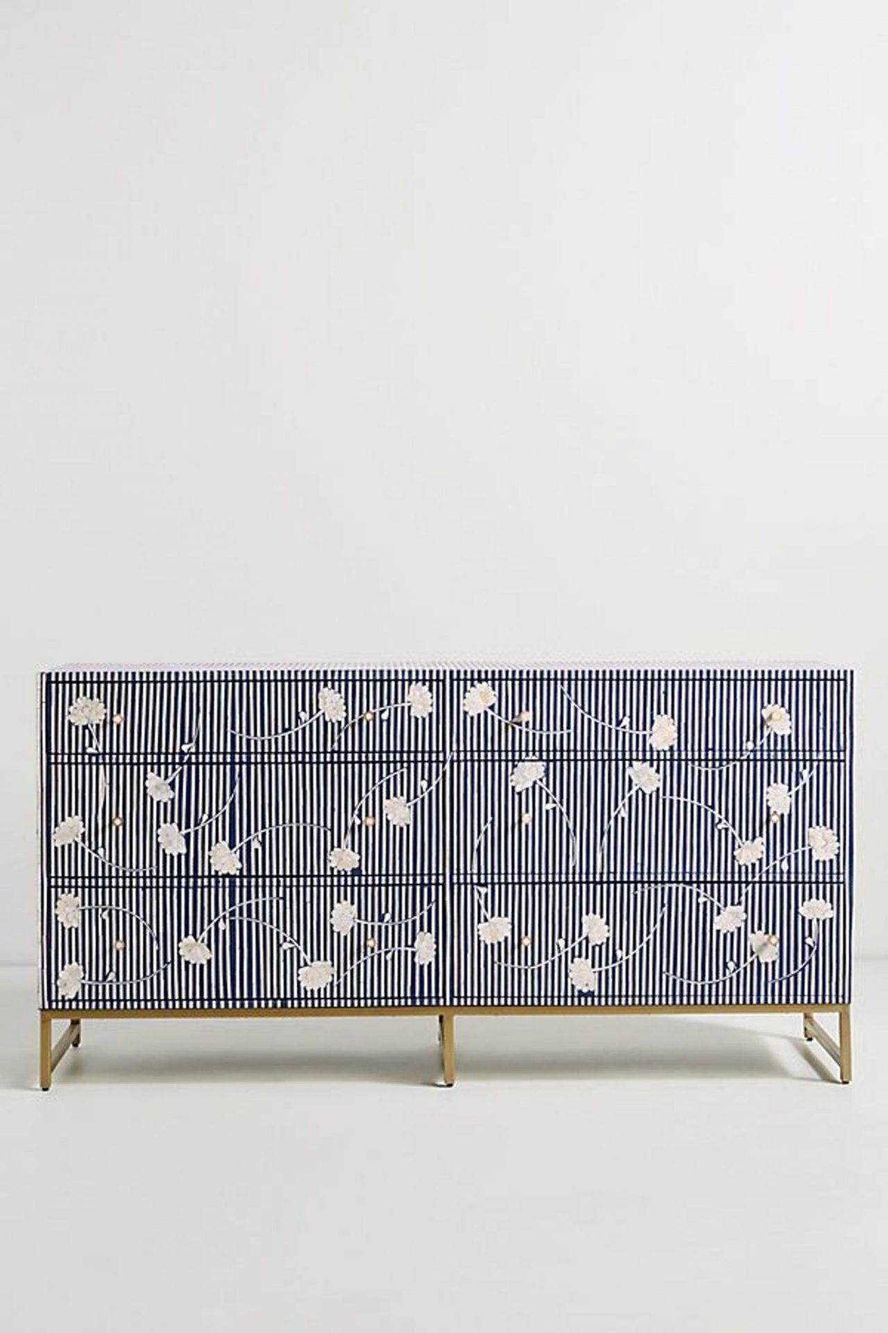 Bone Inlay Chest of 6 Drawers Flower Design Table in Indigo Blue Color ...