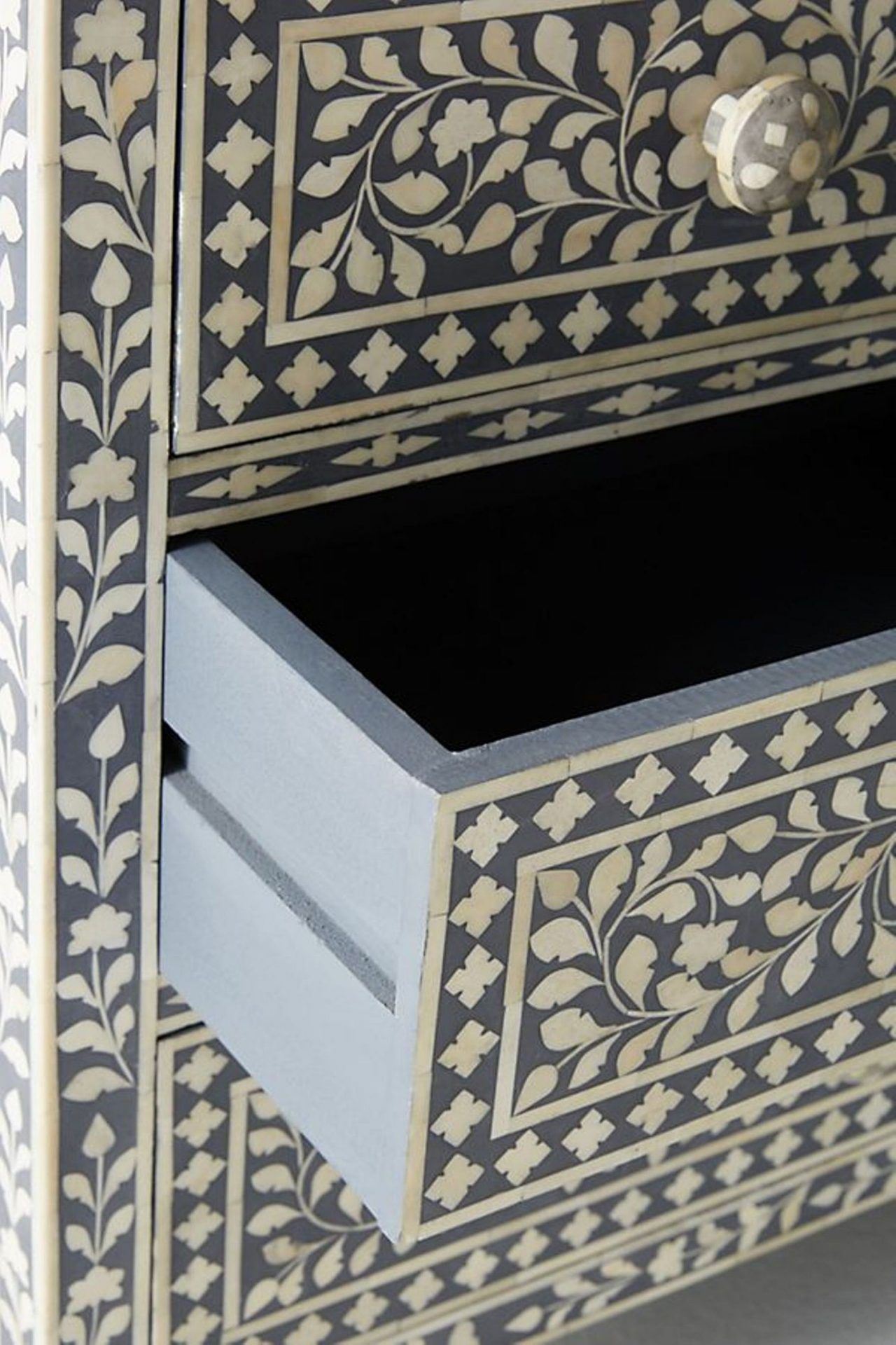 Bone Inlay Chest of 7 Drawers Floral Design in Grey Color - CraftShades