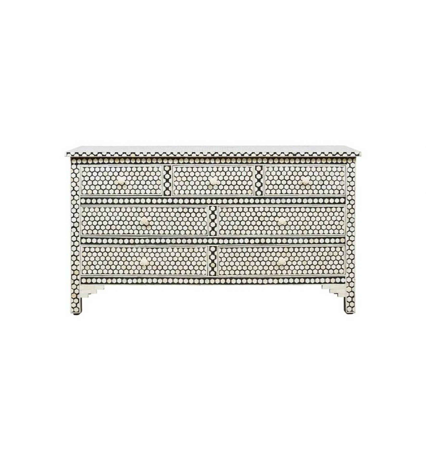 Bone Inlay Chest of 7 Drawers Hexagonal Design in Black Color - CraftShades